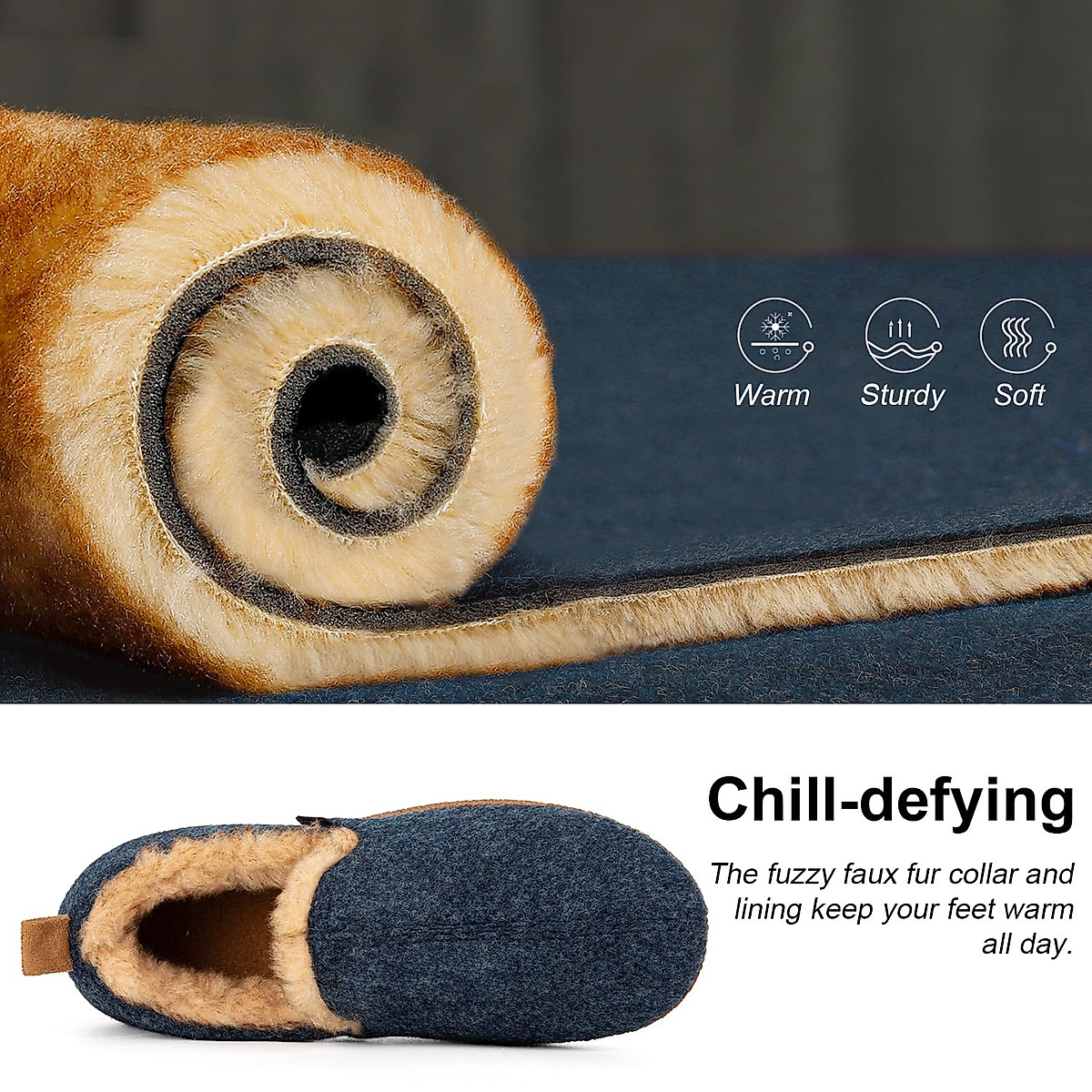 LongBay Women's Felt Bootie Slippers Warm Cozy Memory Foam Slipper Boots with Polar Fleece Lining Non Slip House Shoes Indoor Outdoor Blue, 7-8