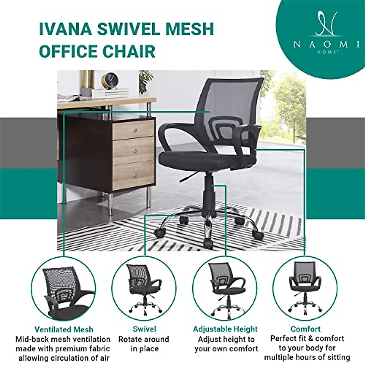 Naomi Home Height Adjustable Ergonomic Drafting Chair Mesh Mid-Back Swivel Office Chair with Armrest, Lumbar Support, Back Adjustment, Caster Wheels, Executive Rolling Computer Desk Chair - White