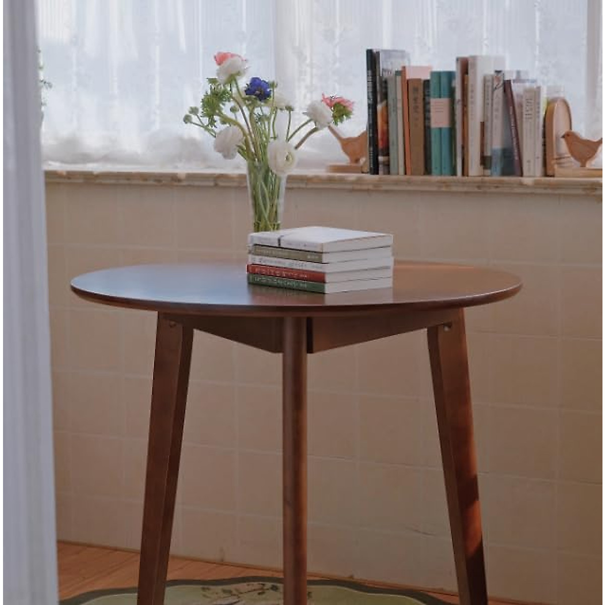 NICOKI 24" Round 3 Legs Casual Dining Table, Walnut Brown Rubberwood Coffee Table End Table Modern Leisure Table Small Dining Room Kitchen Furniture for Small Space