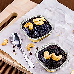 Geiserailie 40 Sets Square Aluminum Foil Cake Pan 130 ml/ 4.4 Ounces Mini Disposable Dessert Cupcake Cup Pan with Lids Flan Baking Cups for Wedding Birthday Party(Golden)