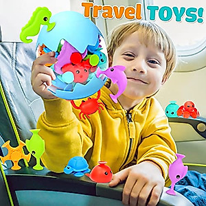 Suction Bath Toys for Kids - Fine Motor Window Toys, Silicone Ocean Animal Suction Cup Toys with Dinosaur Eggshell, Sensory Travel Toys for Toddlers, Great for Autism/ADD/ADHD.
