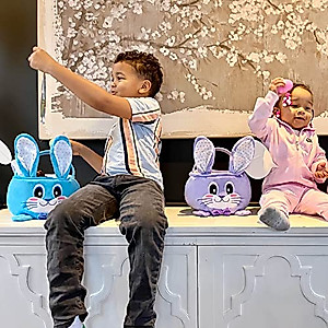 HiChen Easter Basket Empty Bunny Cute Furry Basket with Handles Easter Baskets for Kids Candy Egg Bag Small Gift Basket with Decorative Rabbit Pattern, Blue