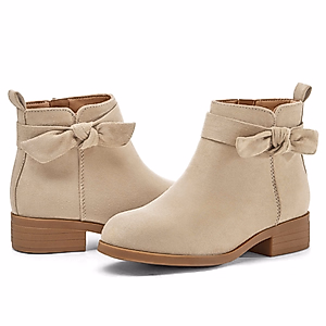 Coutgo Girls Toddler Bow knot Ankle Boots Low Chunky Heel Side Zipper Cute Dress Booties Little Big Kid, Beige, size 2