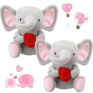 2 Pcs Elephant Stuffed Animal with Rose Soft Plush Elephant Animal Toy for Valentines Day Gifts Women Men Girl Boy Baby Shower Birthday Party Favors, 8 Inches