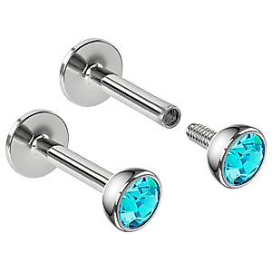 Evonix 2pc 16g 6mm 1/4 Labret Stud Lip Ring Internally Threaded Snake Bite Conch Forward Helix Monroe Tragus Dahlia 316LVM Surgical Steel CZ Aquamarine