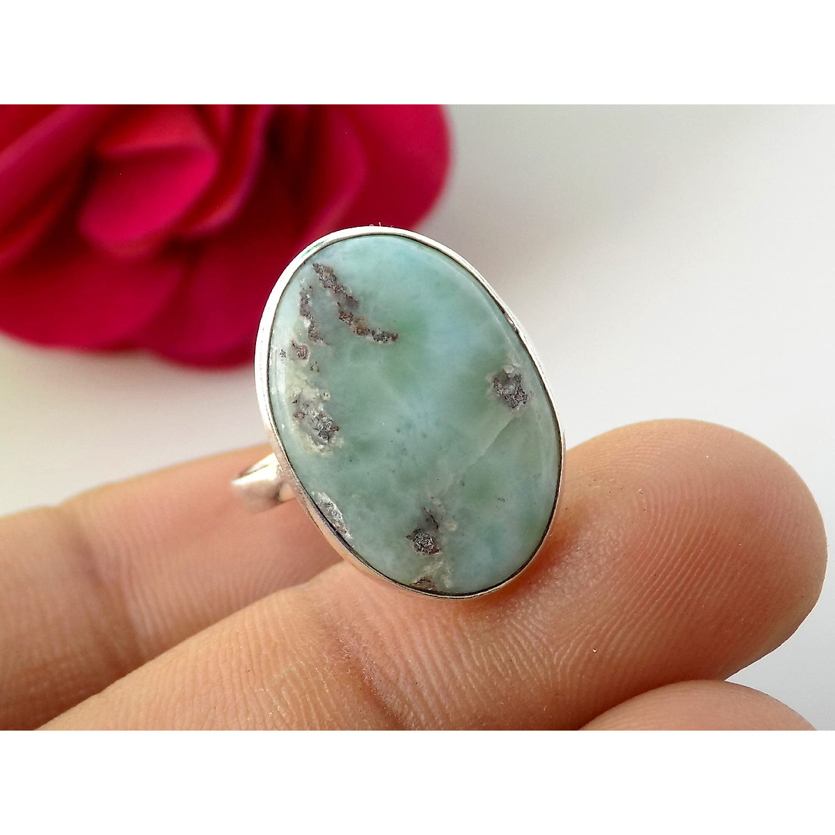 Natural Larimar Ring, Women's Ring, Statement Ring, Simple Bezel Gemstone Ring, (Size- 6.5 USA) Blue