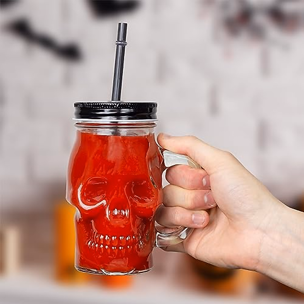 Darware Skull Mason Jar Mugs (Set of 4); Clear 12oz Glasses with Reusable Straws