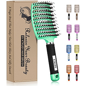 KTKUDY Detangling Brush Boar Bristles Hair Brush Make Hair Shiny & Healthier Curved and Vented Detangler Brush for Women Men Kids Wet & Dry Hair (Light green)