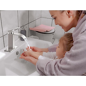 KZH Waterfall Bathroom Faucet,Single Handle 1 or 3 Hole Bathroom Sink Faucet Washbasin Faucet,Rv Vanity Faucet with Deck Plate, Pop-up Drain and Supply Hoses Brushed Nickel