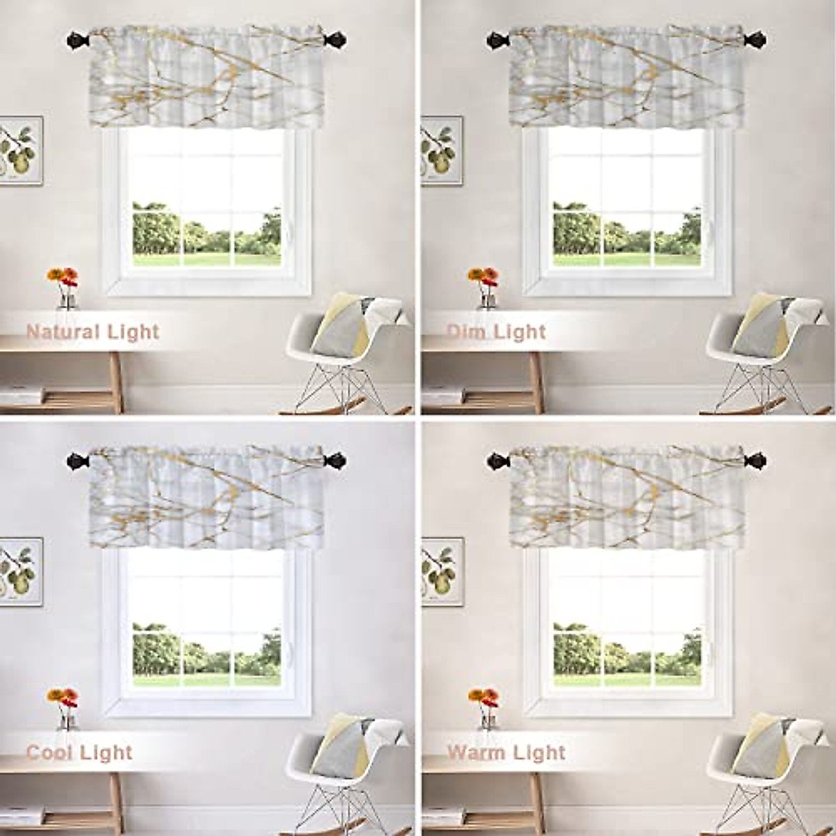 Shrahala Marble Golden Gold Kitchen Valances Half Window Curtain, Abstract Gold and White Marble Pattern Kitchen Valance for Window Ink Printing Valances Curtains for Kitchen Decor 52x18 inch(2pcs)