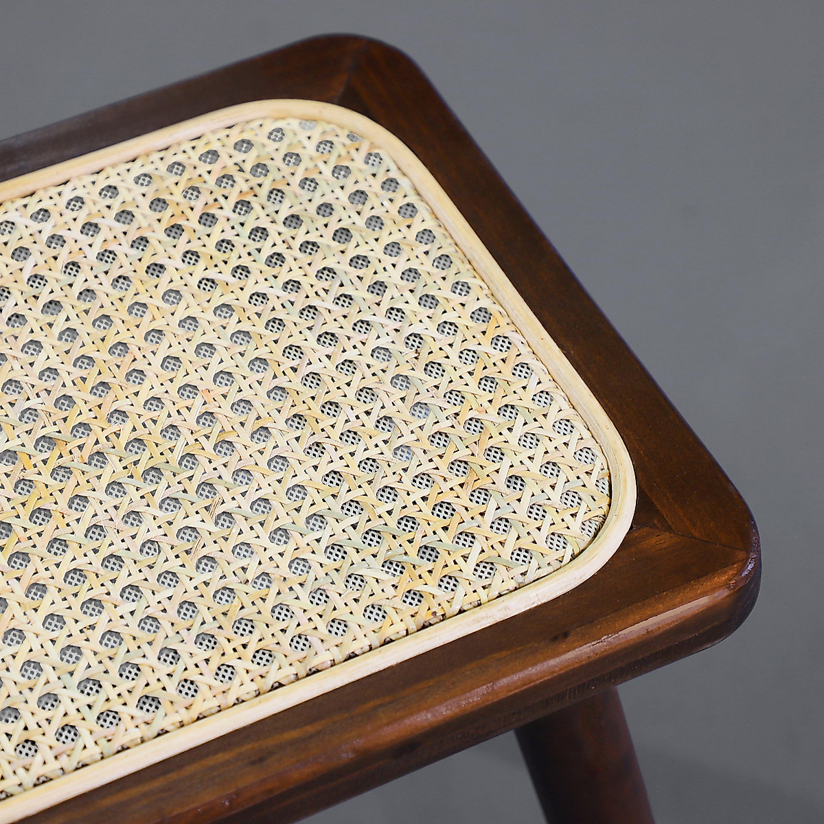 [PJ Collection] Natural Rattan Top Wood Stool, with Portable and Detachable Legs, Handcrafted Wood Stool, Lightweight Stool, Hand Woven, Comfortable Support (Rectangle, Walnut Wood)