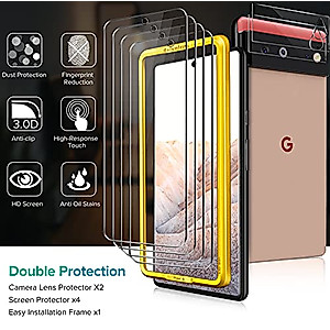 ivoler [4+2 Pack Screen Protector for Google Pixel 6 [4 Pack] with Camera Lens Protector Tempered Glass [2 Pack] [Fingerprint Unlock Compatible] with Alignment Frame Easy Installation HD Clear Film