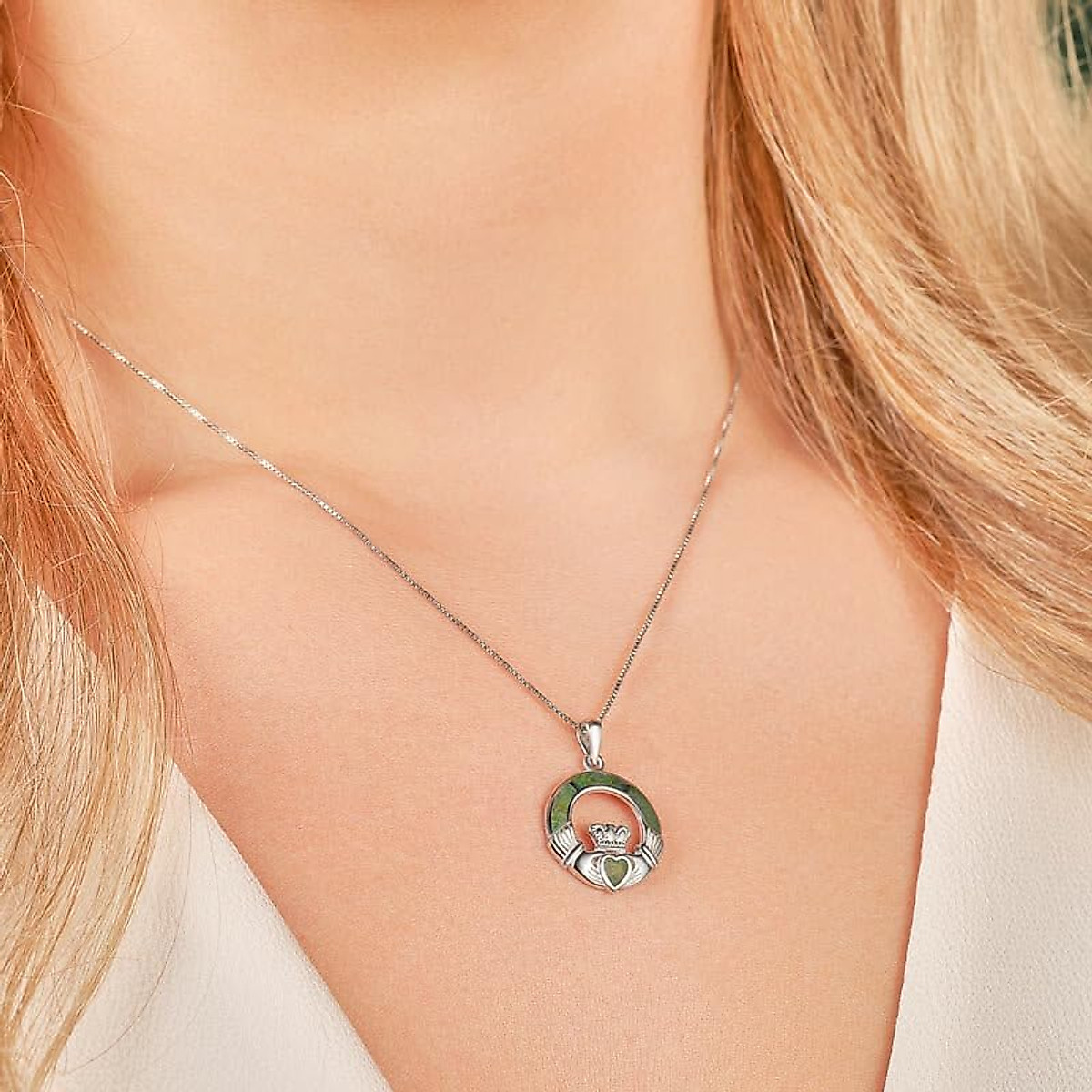 Biddy Murphy Authentic 925 Sterling Silver Irish Claddagh Necklace with Connemara Marble Inlay, Fine Celtic Jewelry for Women, 18" Length, 5/8" x 5/8" Inch Pendant, Imported from Ireland