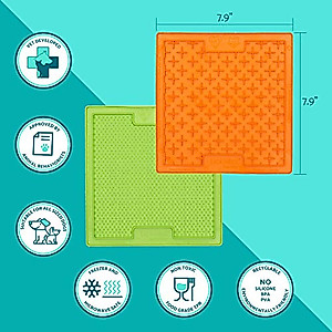 LickiMat Slow Feeder for Dogs, Boredom & Anxiety Reducer; for Food, Treats, Yogurt, or Peanut Butter. Fun Alternative to a Slow Feed Dog Bowl, 2-Pack Classic Dog Buddy & Soother, Green & Orange.
