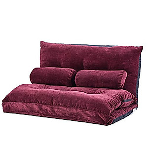 Merax Lazy Sofa Bed, Five Position Adjustable Folding Floor Couch with 2 Pillows, Futon Love Seat Sofa for Living Room, Bedroom, Stury Room (Burgundy)