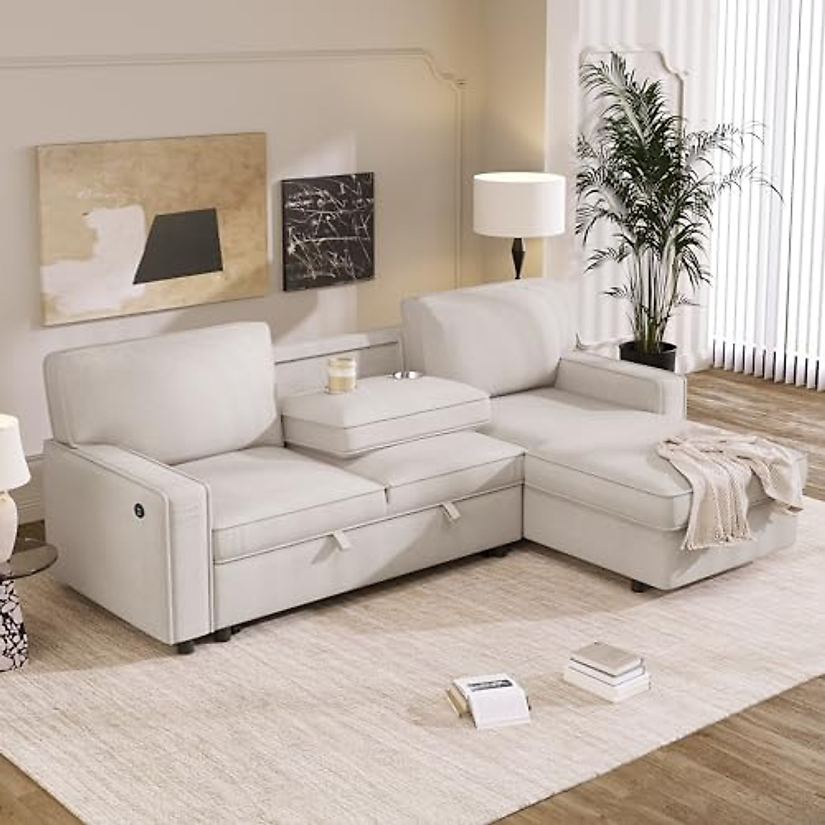 Reversible Pull-Out Sleeper Sectional Sofa Bed,Convertiable Padded Upholstery L-Shaped Corner Sofá Modular Futon Lounge Recliner Couch with Storage Chaise for Living Room Compact Space Furniture Set