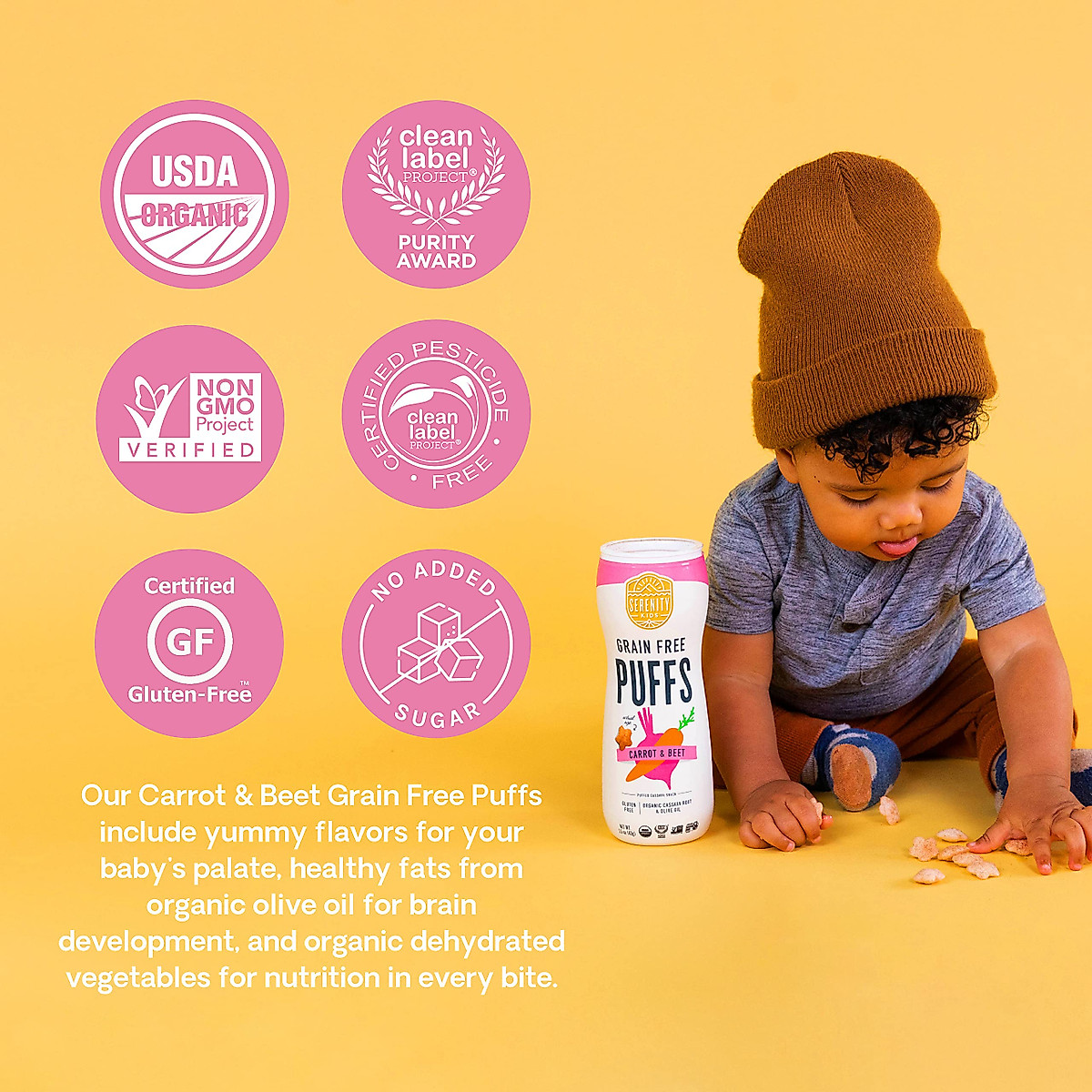 Serenity Kids 6+ Months Grain Free Puffs Toddler & Baby Snack | No Added Sugar, Gluten & Rice Free, Allergen Free | Made with Organic Cassava, Veggies, and Herbs | Carrot & Beet | 6 Count