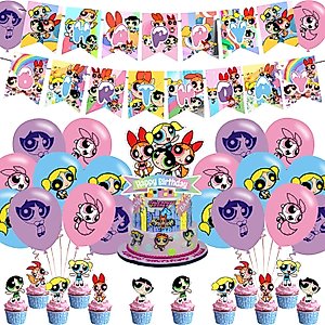 Powerpuff Girls Birthday Party Decoration, Powerpuff Girls Include Kawaii Cartoon Theme Birthday Banner, Cake Topper, Latex Balloons for Kids Birthday Party Supplies, Baby Shower