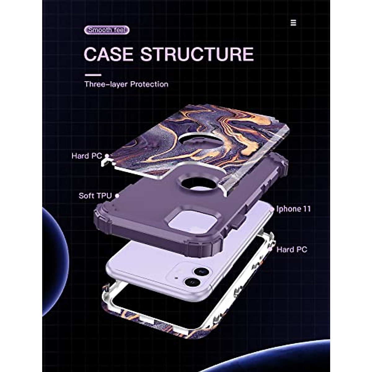 LONTECT for iPhone 11 Case Marble Shockproof Heavy Duty Rugged Durable Protective Cover Girls Women Case for Apple iPhone 11 6.1 Inch, Cobalt Purple
