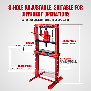 BIG RED T51201 Torin Steel H-Frame Hydraulic Garage/Shop Floor Press with Stamping Plates, 12 Ton (24,000 lb) Capacity, Red