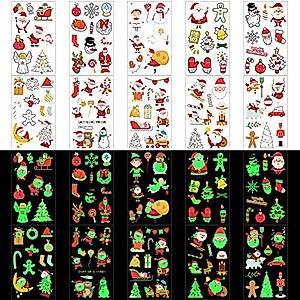 Qpout 10 Sheets Christmas Temporary Tattoos Luminous Christmas Tattoos Stickers Stocking Gift Stuffers for Kids Girls Boys Xmas Eve Christmas Party Favors Supplies Decorations