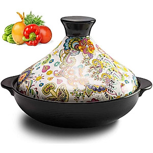Ceramic Tagine Pot 2L Tajine Pots Flower Pattern|for Braising Slow Cooking|Ceramic Casserole Tagine Pot with Lid for Cooking Healthy Food