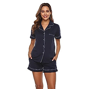 EA'S SECRET Womens Pajamas Set 100% Cotton Soft Short Sleeve Sleepwear Button Down Nightwear Summer Pj Sets S-XXL(Navy Blue,M)
