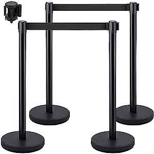 VEVOR Crowd Control Stanchion Set, Stanchion Set with 6.6 ft/2 m Black Retractable Belt, Black Crowd Control Barrier w/Concrete and Metal Base - Easy Connect Assembly (4)