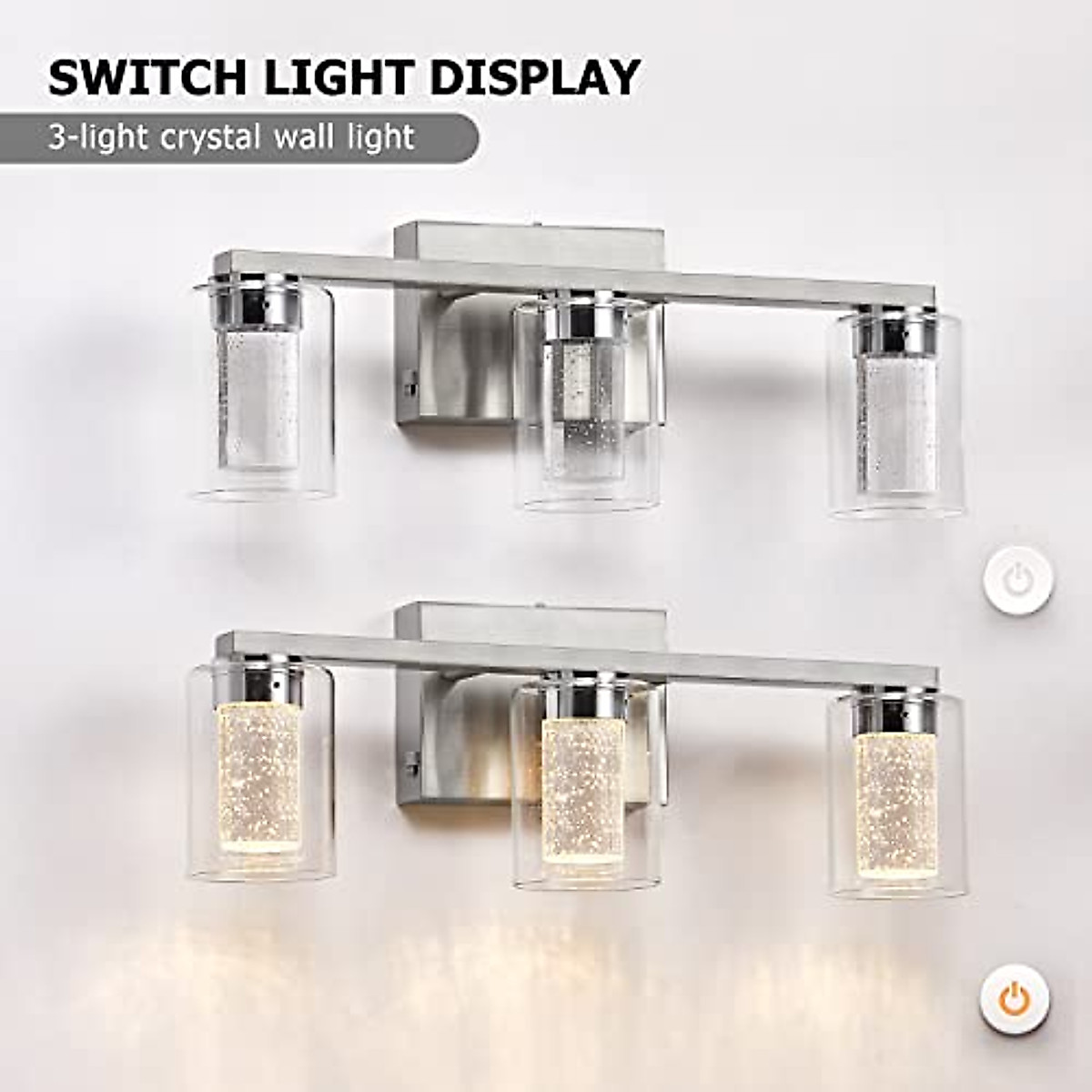 SADENICEL Brushed Nickel Vanity Lights, 3-Light Bathroom Light Fixtures, Crystal LED Bathroom Lights Dimmable White/Neutral/Warm Light with Clear Glass Shade for Bathroom Bedroom Hallway Lighting