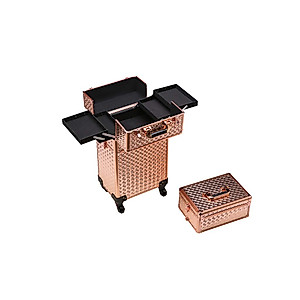 Rolling Train Case 4-in1 with extra lid Portable Makeup Train Case Professional Cosmetic Organizer Makeup Traveling case Trolley Cart Trunk (Rose Gold)