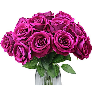Olrla Fuchsia Artificial Rose Flower, 10 Faux Purple Roses Velvet Flower for Wedding Bouquets Home Office Garden Party Centerpiece Decoration (Purple 10)