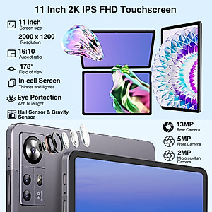 2024 Newest 11 inch Tablet Android 13 Tablets 16GB RAM 256GB ROM 1TB Expand, 2K 2000 x 1200 Display, Octa-Core, 13MP Triple Camera, 8600mAh, Quad Speakers, 5G/2.4G WiFi, GPS,Bluetooth,with Case -Grey
