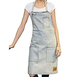 VANTOO Unisex Distressed Jean Apron with Convenient Pockets for Men and Women,White