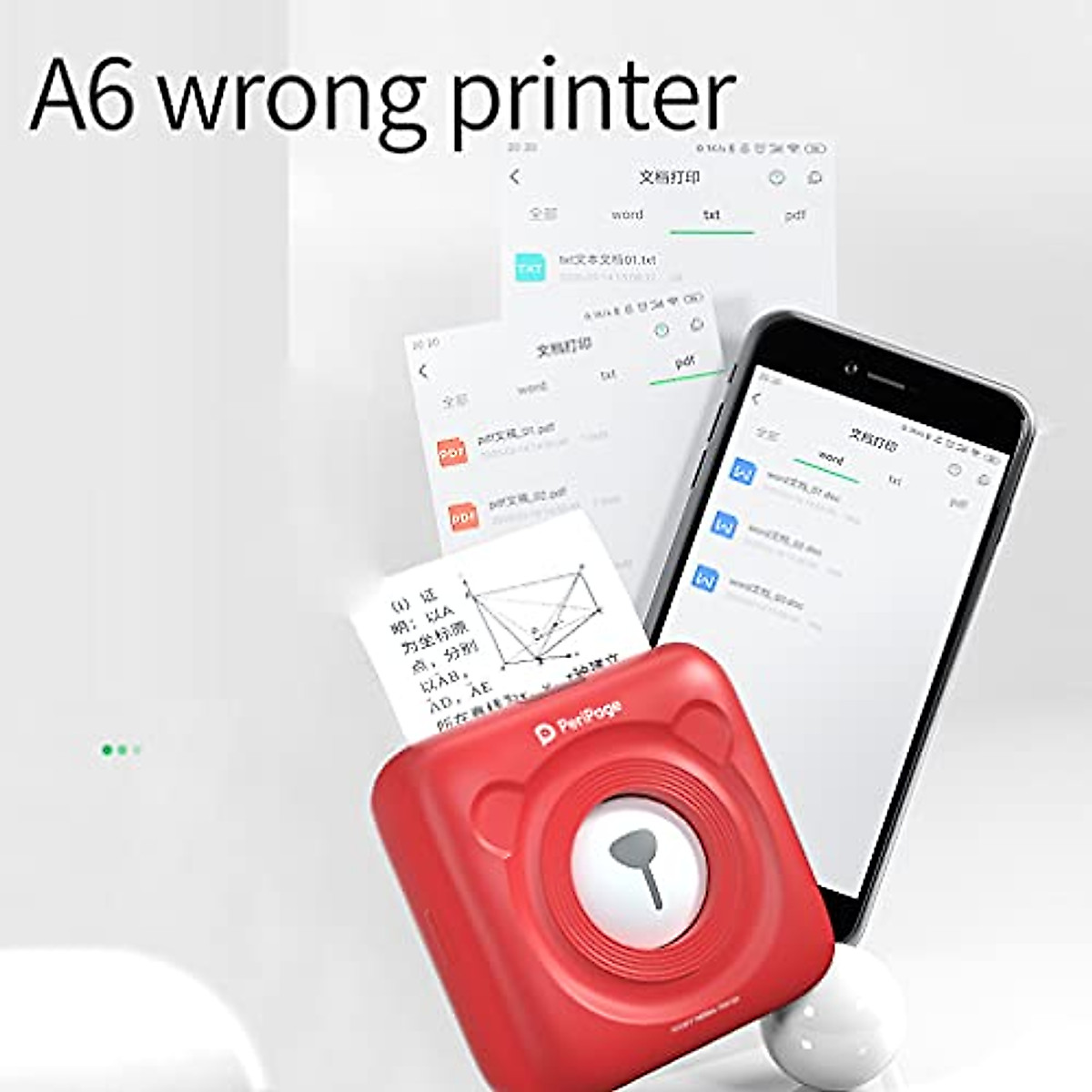 Portable Mini Mobile Phone Photo Memo Printer, 57mm Wireless Bluetooth Thermal Label Printer, Peripage A6 203dpi, Compatible with All Smart Phones, Plus 6 Rolls of Integrated Paper (Red)