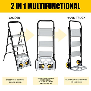 3 Step Ladder & Folding Hand Truck,One Step Folding into a 3 Step Stool with Wide Anti-Slip Pedal and Cushioned Handle,One Unfolding into a 2 in 1 Aluminum Dolly Cart for Moving Luggages Goods