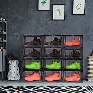 Reitu 3 Pack Shoe Storage Boxes, Clear Plastic Stackable Shoe Organizer Bins, Side Opening Sneaker Holder Containers For Men/Women sneaker Fit up to US Size 13 (Black)