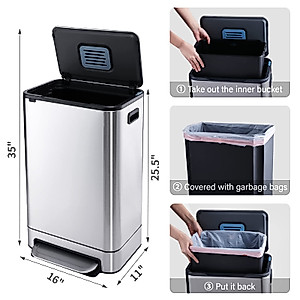 Kitchen Trash Can - ELPHECO - 13.2 Gallon Stainless Steel Garbage Bin with Soft Slow Lid, 50 Liter Pedal Trash Can, Durable Pedal, Removable Plastic Inner Bucket Waste Bin for Office, Kitchen, White