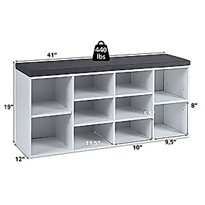Giantex Shoe Storage Bench with Cushion, Entryway Shoe Rack Bench, Adjustable Shelves, 10-Cubbies Shoe Organizer Bench for Entryway, Living Room, Bedroom, Hallway, Closet, Mudroom (White)