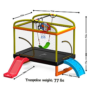 USPOINT 6.5ft Climb Slide Swing 7-in-1 Mini Rectangular Trampoline for Kids | Birthday Gift for Girls and Boys, Indoor Outdoor Toddler's Trampoline with Safety Net Enclosure, Padding, Zipper