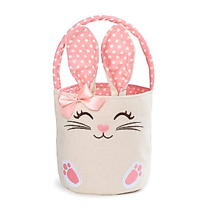Personalized Bunny Ears Bucket Bag with Custom Name | Pink Polka Dot Liner Easter Bag with Handle | Soft Egg Basket for Kids | Customized Easter Basket | Great for Book and Toy Storage