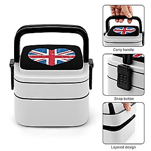 UK Great Britain Retro Heart Flag Lunch Box Portable Double-Layer Bento Box Large Capacity Lunch Container Food Container with Spoon