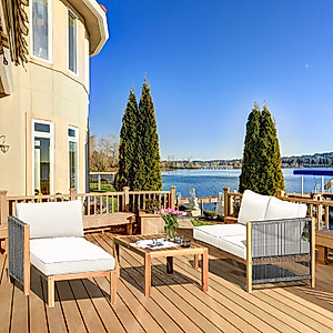 Tangkula L Shape Outdoor Furniture Set, 3 Piece Acacia Wood Patio Conversation Set, with 2 loveseats and Coffee Table, Garden Backyard Poolside Patio Seating Set (White)