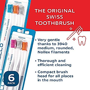 TELLO 3940 Adult Medium Swiss Toothbrush for Gentle Cleaning with Ergonomic Handle, 6 Count