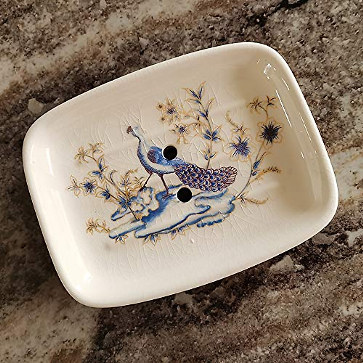 Kelake Ceramic Soap Dish, Ice Crack Ceramic Peacock and Flower Soap Dish Holder for Bathroom, Creative Porcelain Shower Soap Tray Box Bath Accessories with Two Drain Holes