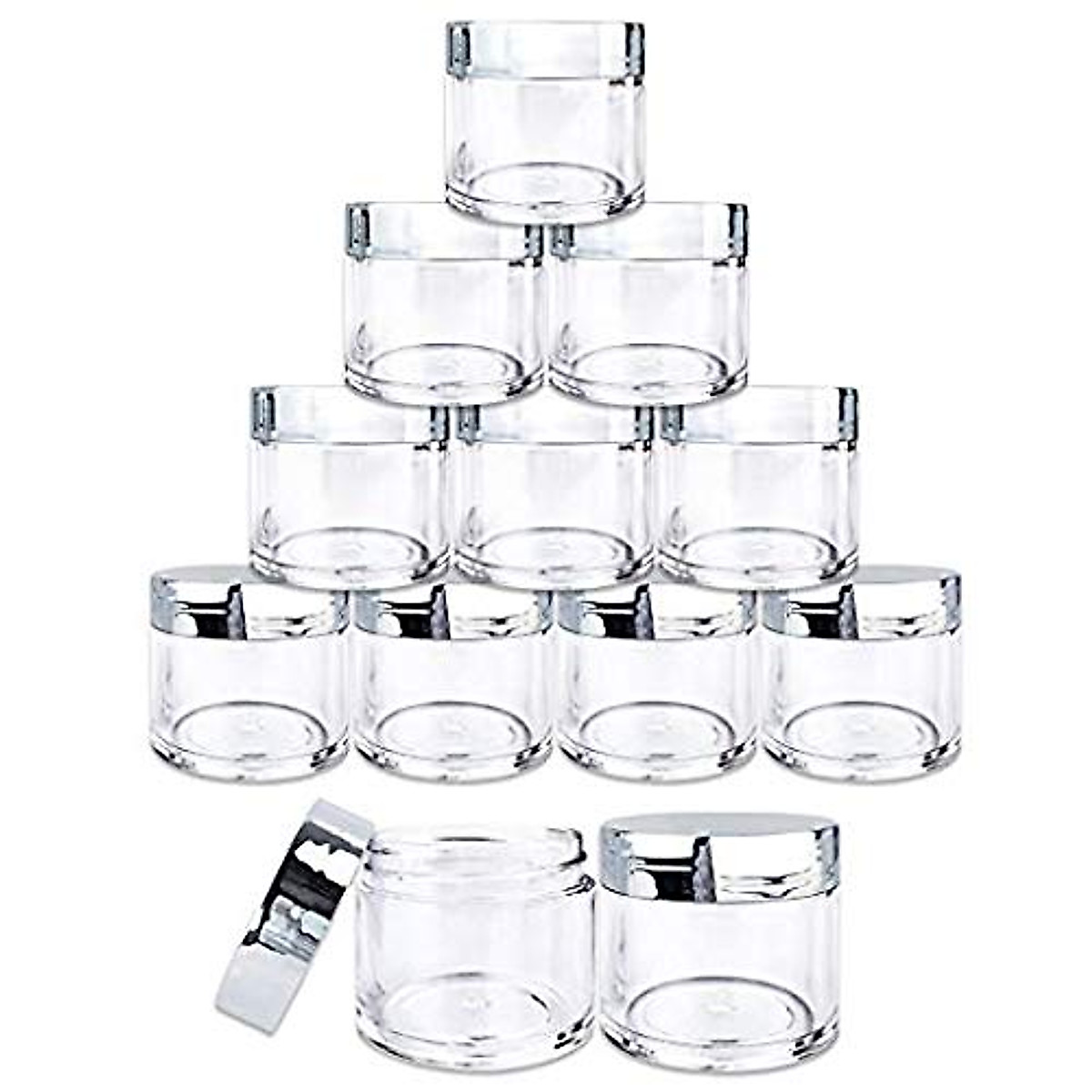 Beauticom 12 Piece 1 oz. USA Acrylic Round Clear Jars with Flat Top Lids for Creams, Lotion, Make Up, Cosmetics, Samples, Herbs, Ointment (12 Pieces Jars + Lids, Silver)