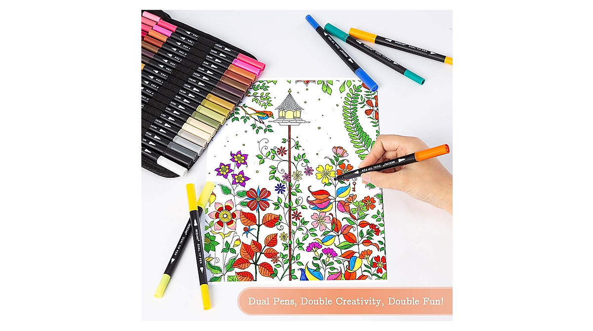 60 Dual Tip Art Markers - Fine & Brush Pens for Coloring