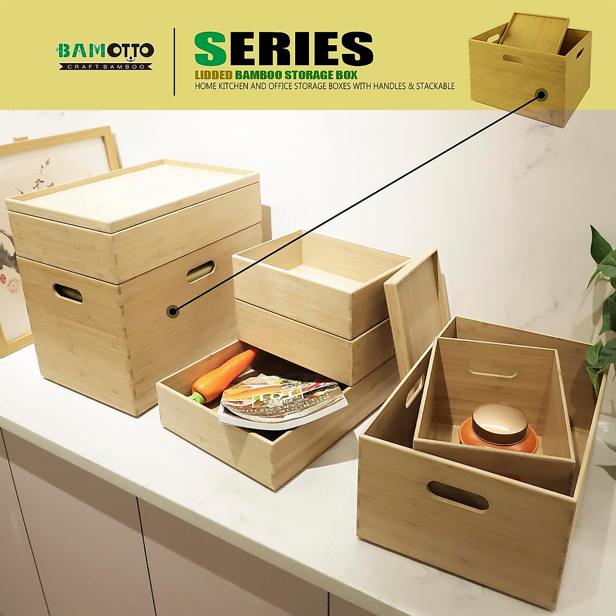 BAMOTTO Lidded Bamboo Storage Bins & Box/Cube/Basket, Home Kitchen and Office Storage Boxes with Handles & Stackable for Organizer Tableware, Crafts, Office Shelf Books, Large, 14.6”x10.2”x9.6”