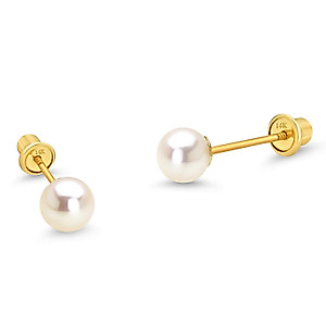 14k Yellow Gold 4mm Simulated Pearl Children Screw Back Baby Girls Earrings