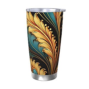 AYCZN Ethnic Peacock Feather 20 OZ Tumbler Stainless Steel Travel Coffee Mug, Mandara Flower Floral Insulated Water Bottle with Lid and 2 StrawsLeakproof Thermal Cup
