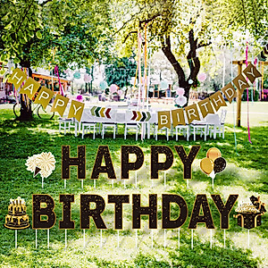 17 Pieces 16'' Happy Birthday Yard Signs with Stakes Birthday lawn sign with String Light Outdoor Decorations Yard Supplies for Home Garden Party, Black and Gold